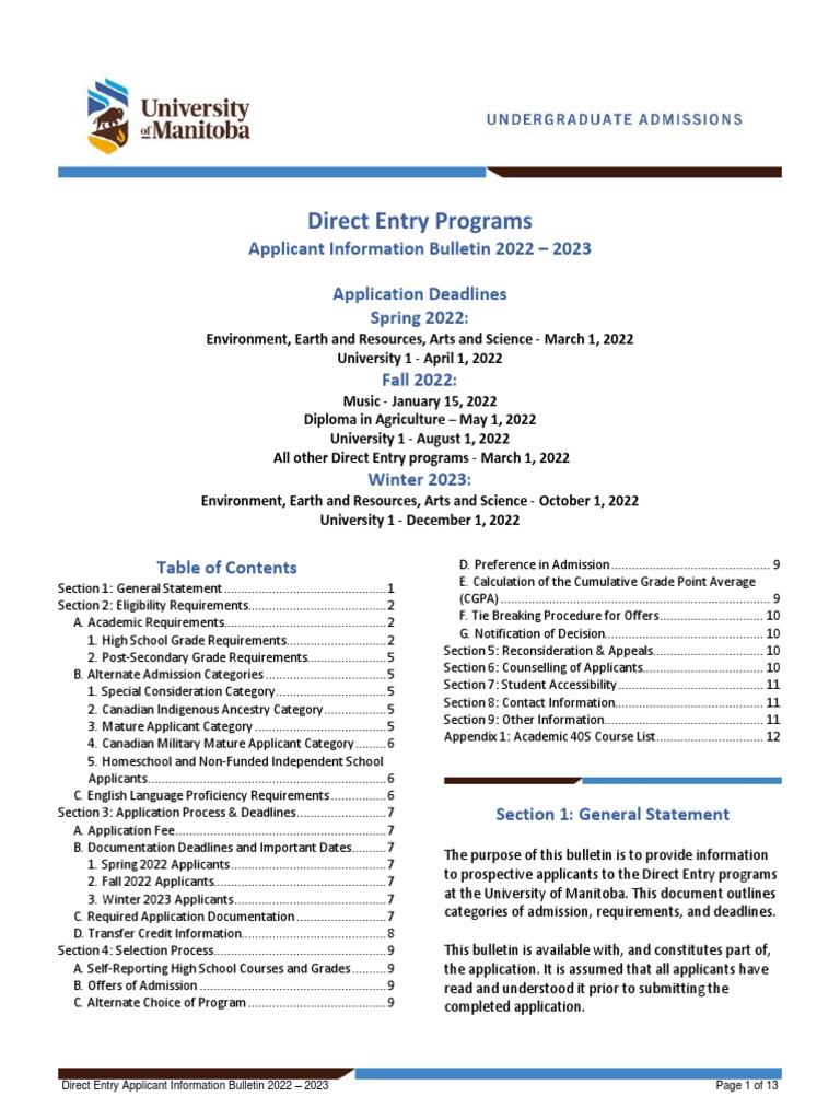Direct Entry Programs: Applicant Information Bulletin 2022 - 2023 ...