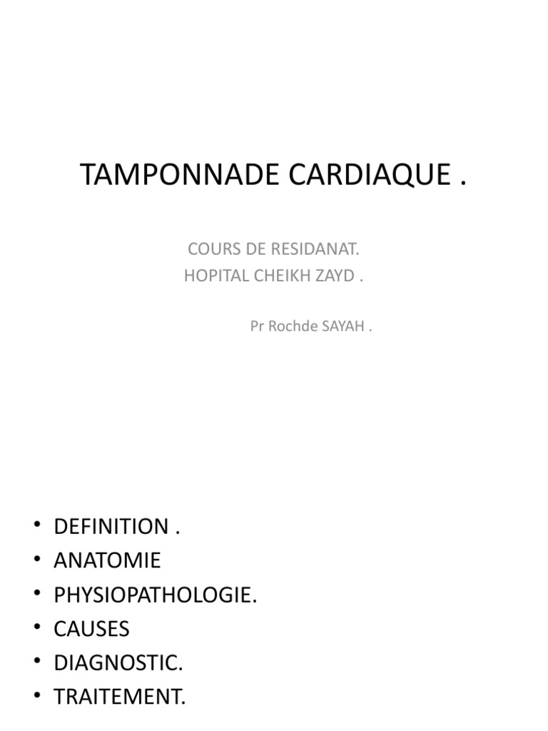 Tamponnade Cardiaque : Diagnostic et Traitement | PDF