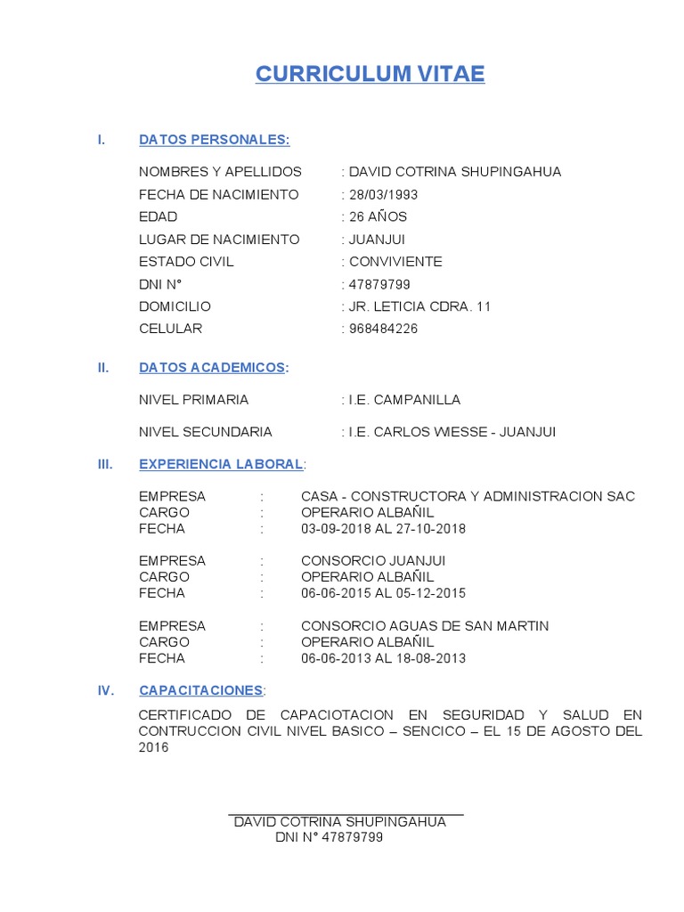 CV de David Cotrina Shupingahua | PDF | Derecho