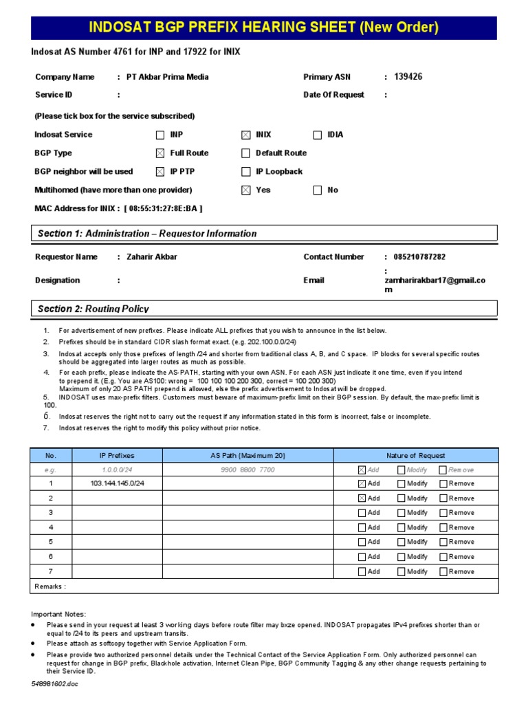 INDOSAT BGP Prefix Hearing Sheet | PDF | Ip Address | Routing