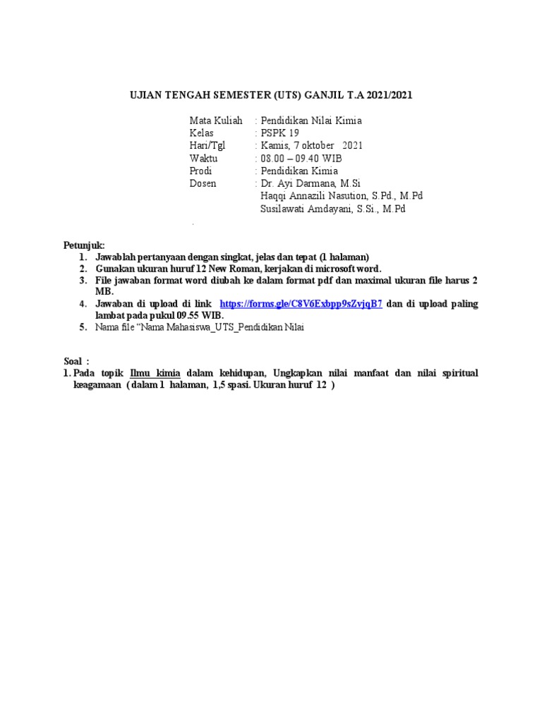 UTS MK Pendidikan Nilai 2021 | PDF