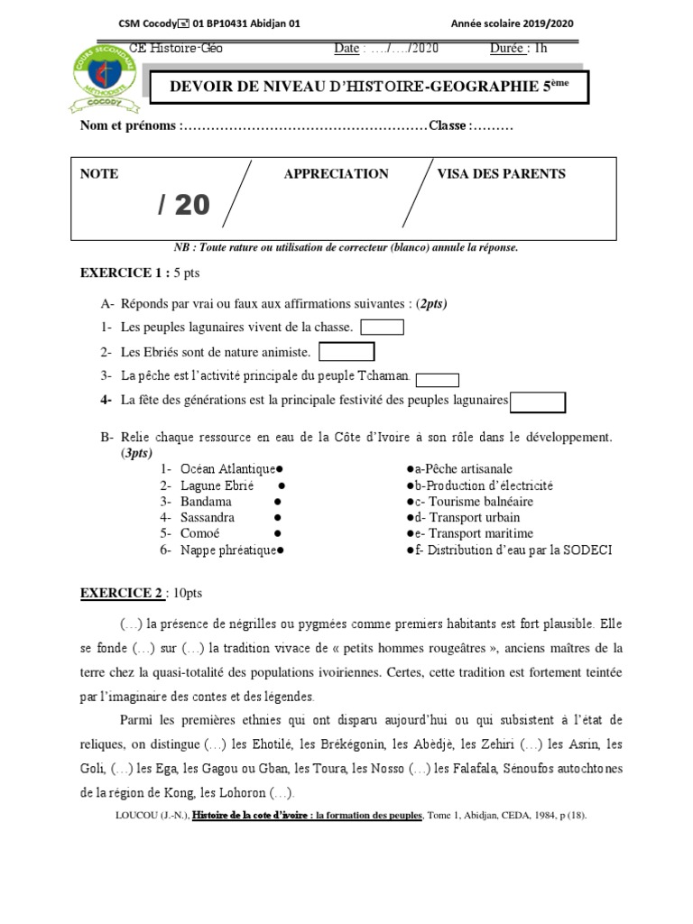 Devoir d'Histoire-Géo 5ème : Peuples et Ressources de Côte d'Ivoire | PDF | Côte d'Ivoire