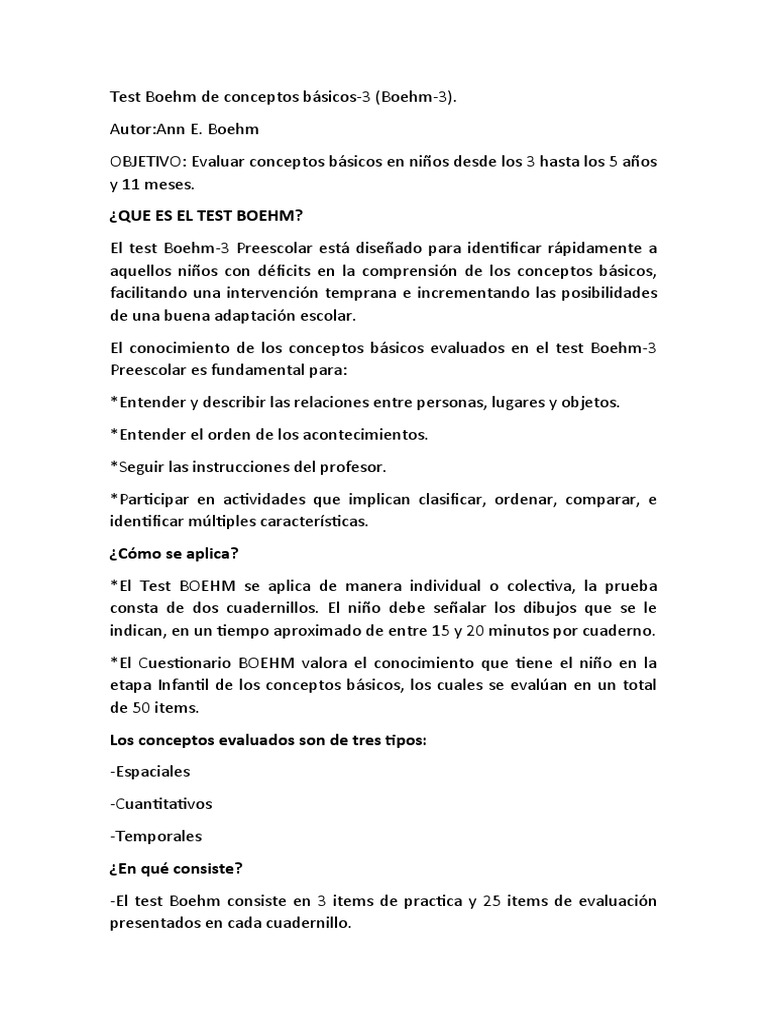 Test de Boehm | PDF | Educación de la primera infancia | Cognición