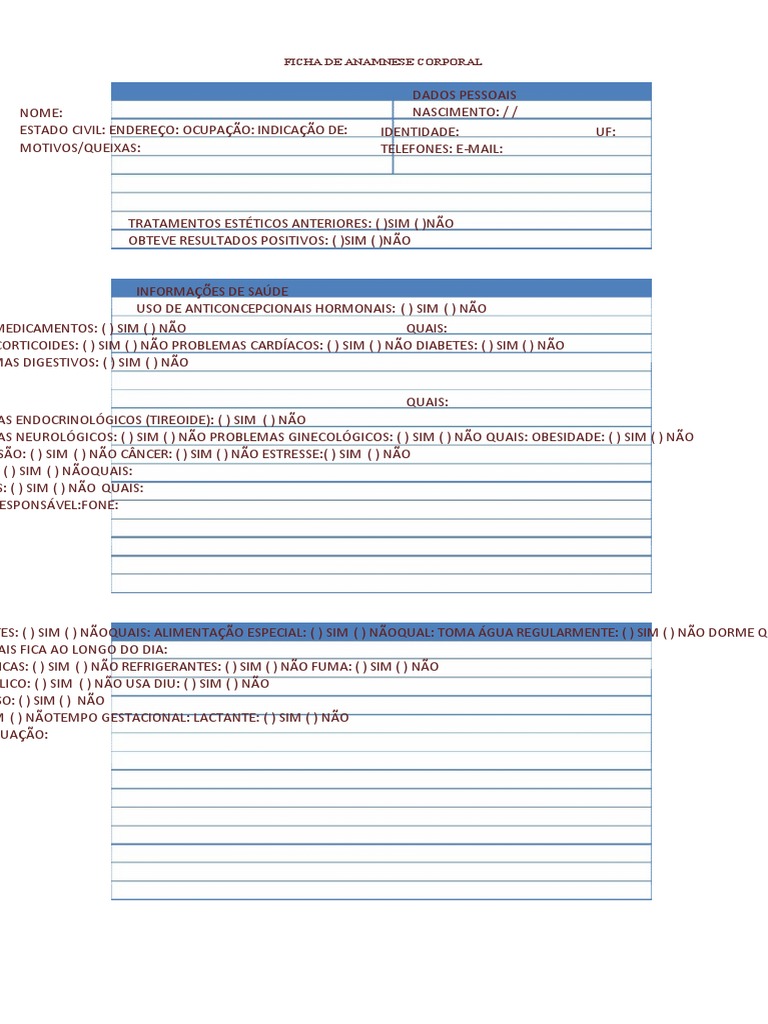 Ficha de Anamnese Corporal | PDF | Especialidades médicas | Tratamentos ...