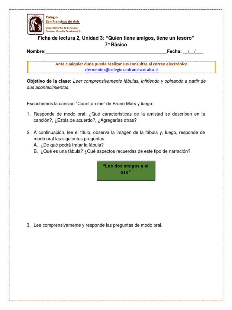 7° Unidad 3, Ficha de Lectura 2 - Fábulas | PDF | Fábula