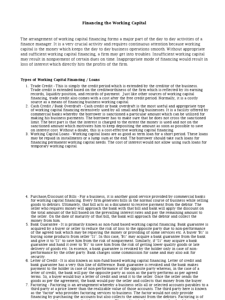 Working Capital Financing Options | PDF | Finance & Money Management ...