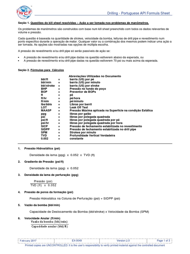 EX-0049 Drilling - Portuguese API Formula Sheet | PDF | Pressão ...