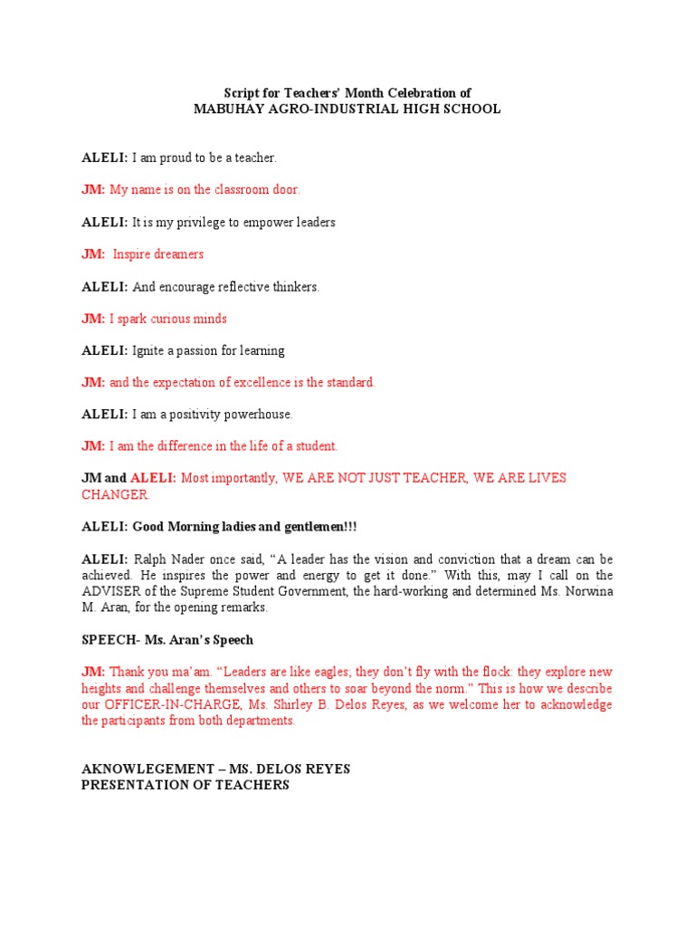 Script For World Teachers Day MABUHAY DISTRICT | PDF | Teachers | Behavior Modification