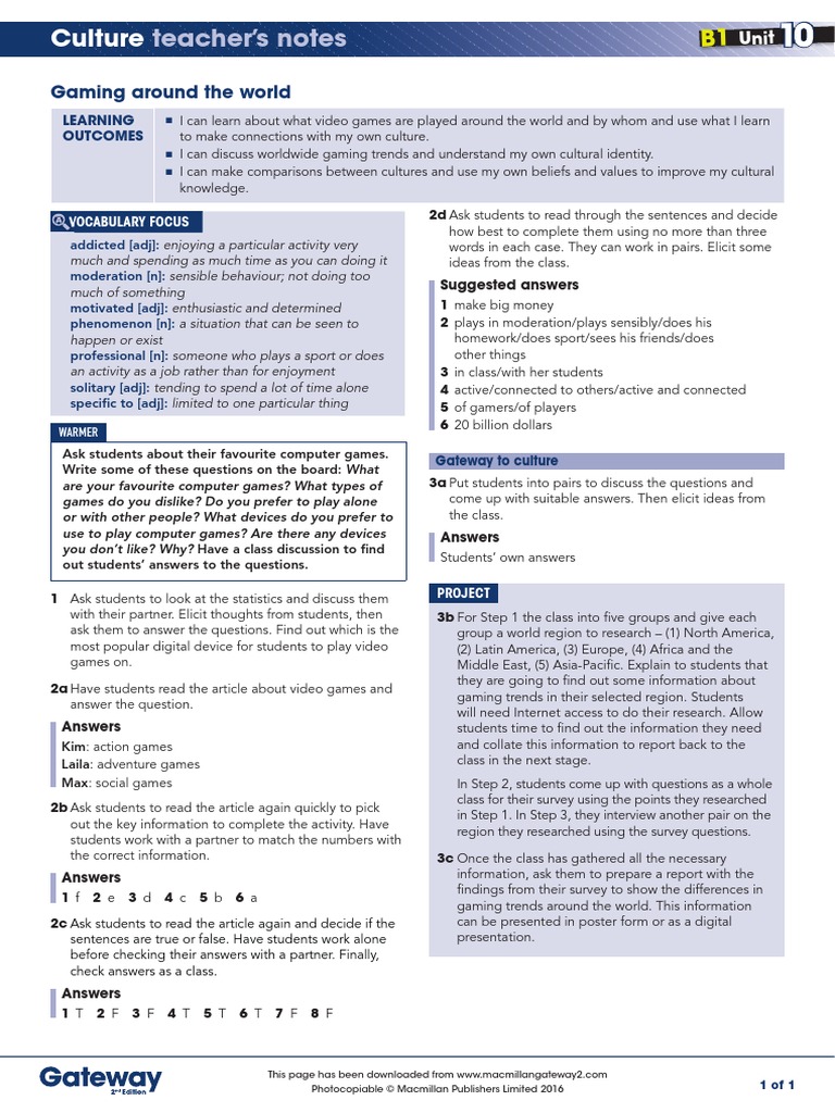 B1 UNIT 10 Culture Teacher's Notes | PDF | Video Games | Cognition