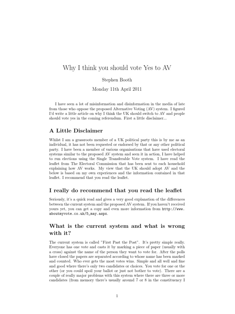 Why I Think You Should Vote For AV | PDF | Voting | Political Law