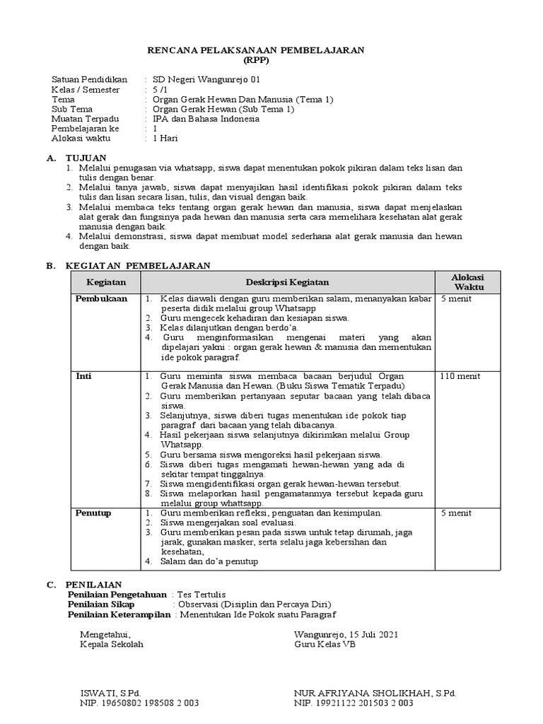 RPP Daring Kelas 5 Tema 1 ST 1 | PDF