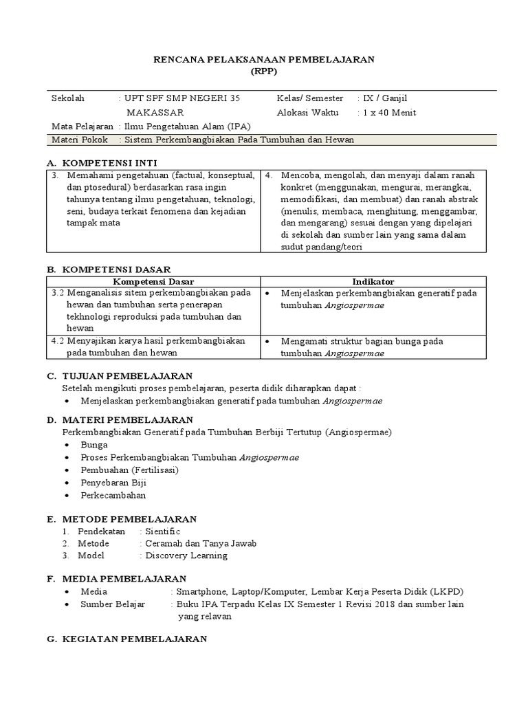 RPP l2p - Perkembangbiakan Tumbuhan Dan Hewan | PDF | Kesehatan Holistik | Sains & Matematika