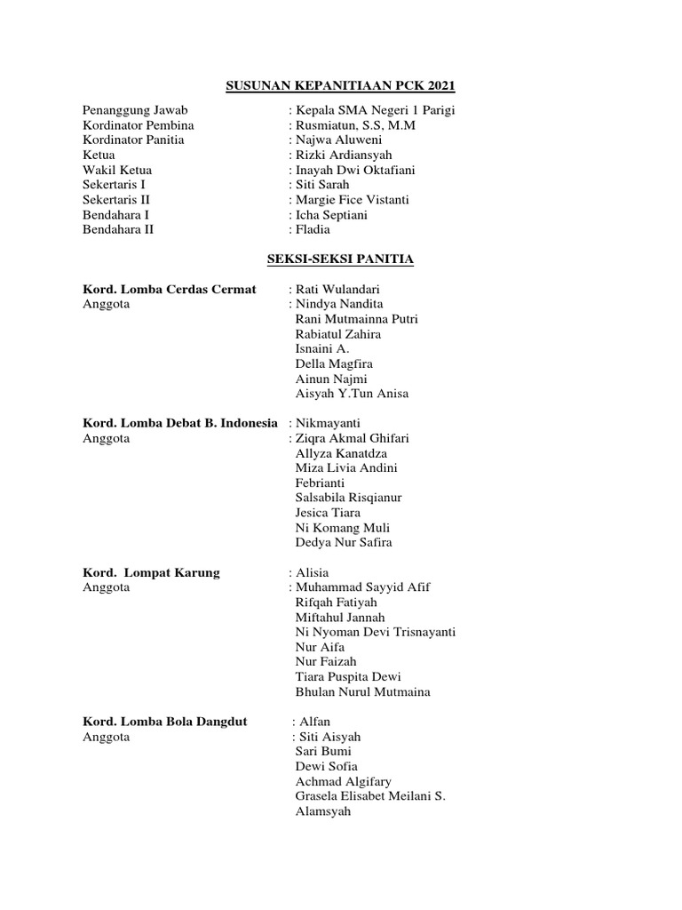Susunan Kepanitiaan PCK 2021 | PDF