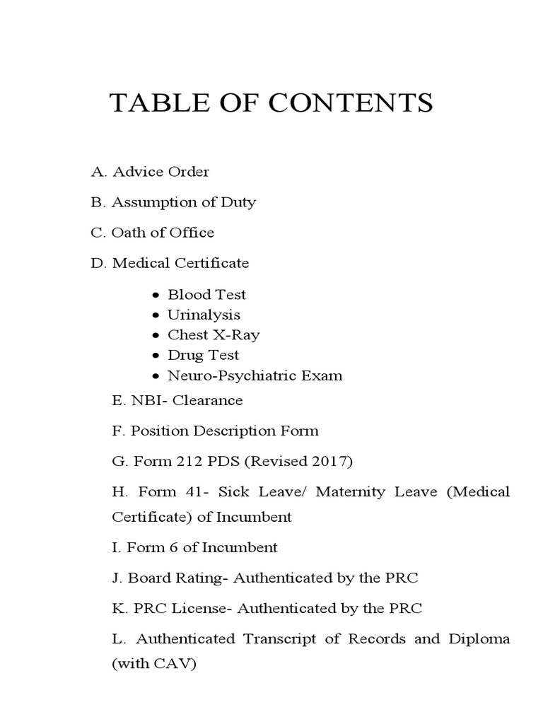 Table of Contents For Application | PDF