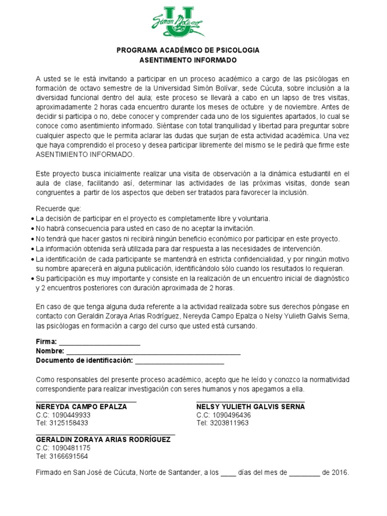 Asentimiento y Consentimiento Unisimon | PDF | Sicología