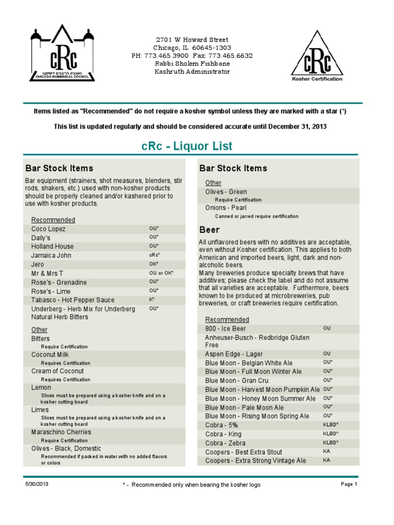 CRC - Liquor List: Bar Stock Items Bar Stock Items | PDF | Beer | Ale