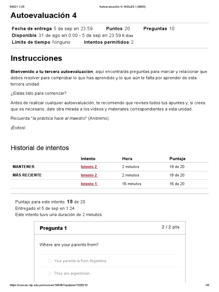 Autoevaluación 4 - INGLES I (3993) | PDF