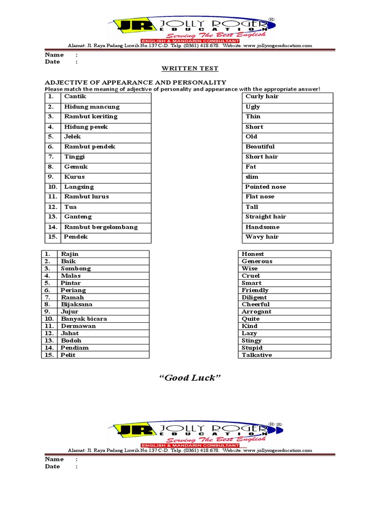 Adj. of Appearance & Personality | PDF | Hair | Human Hair