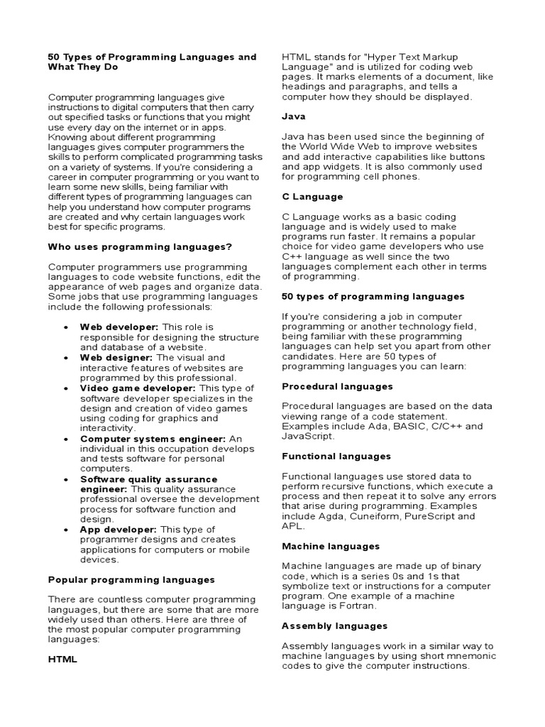 50 Types of Programming Languages and What They Do | PDF | Computer ...