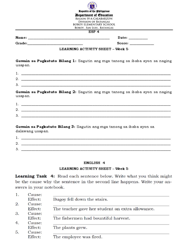 Worksheet Week 5, Quarter 1 | PDF