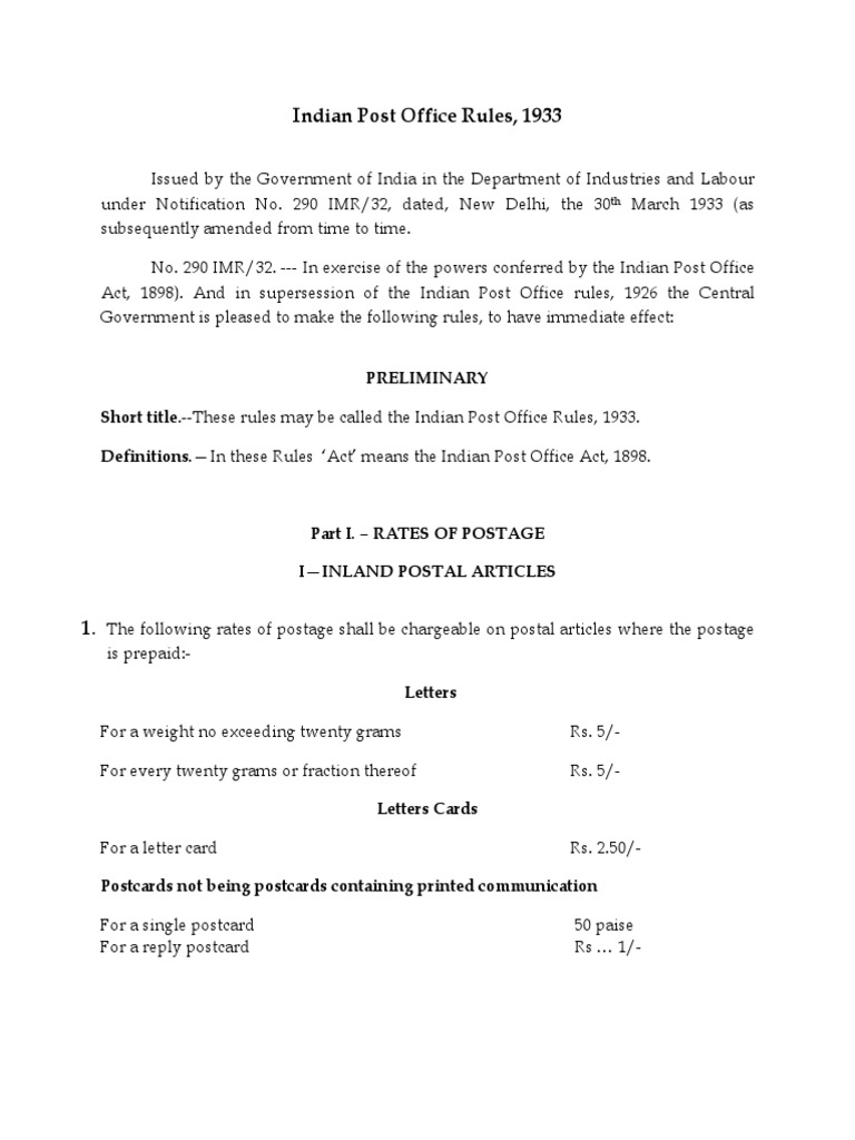Indian Post Office Rules, 1933 | PDF | Mail | Postage Stamp