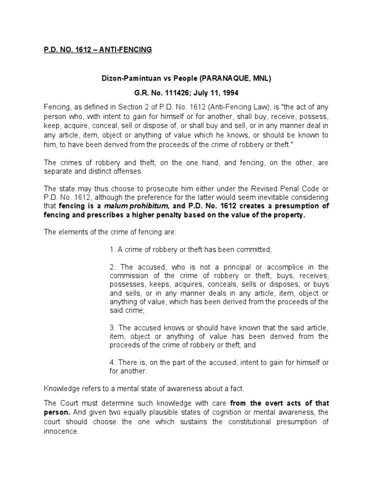 Fencing and Anti-Carnapping Case Digests | PDF | Crimes | Crime & Violence