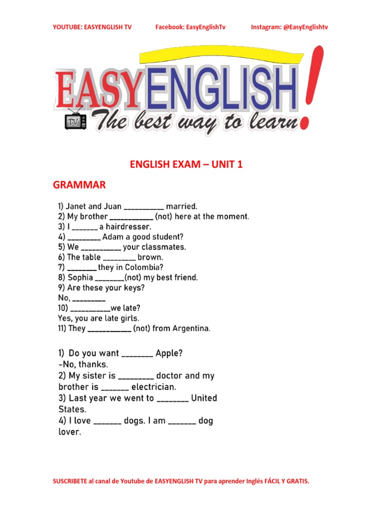 ENGLISH EXAM - Unit 1 - EASYENGLISH TV | PDF