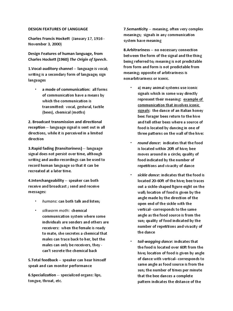 Design Features of Language | PDF | Neuropsychological Assessment ...
