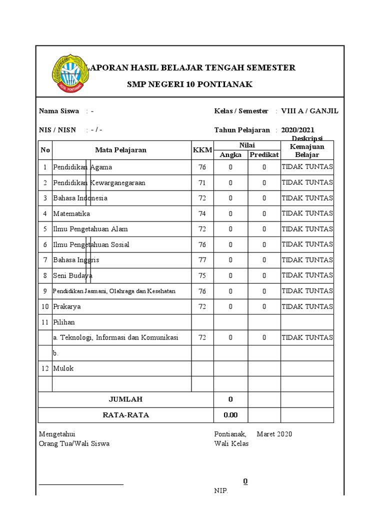 Format Rapor Tengah Semester Untuk Wali Kelas | PDF