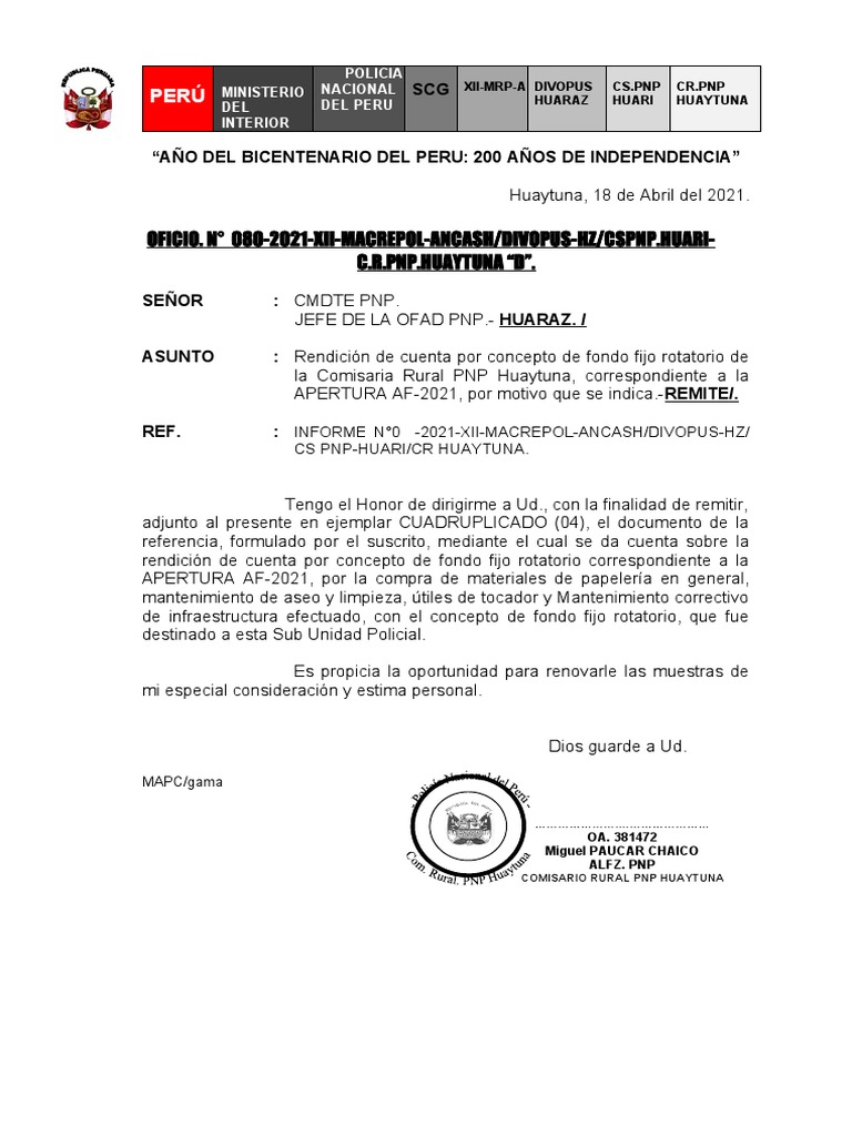 03-Oficio Informe Fondo Rotatorio-Remite | PDF