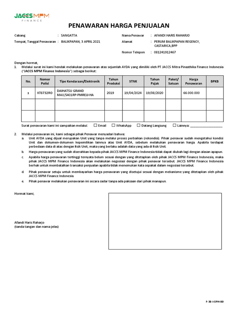 F 38 I SPH Surat Penawaran Harga Jual 00 | PDF | Pengelolaan Keuangan & Uang