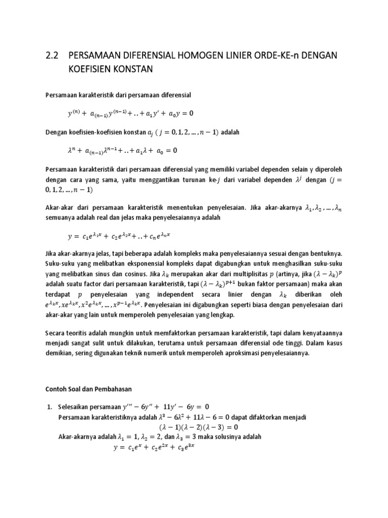 2.2 Persamaan Diferensial Homogen Linier Orde Ke-N Dengan Koefisien ...