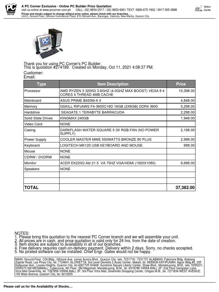 Online PC Builder Price Quotation for AMD Ryzen 3 3200G, ASUS PRIME ...