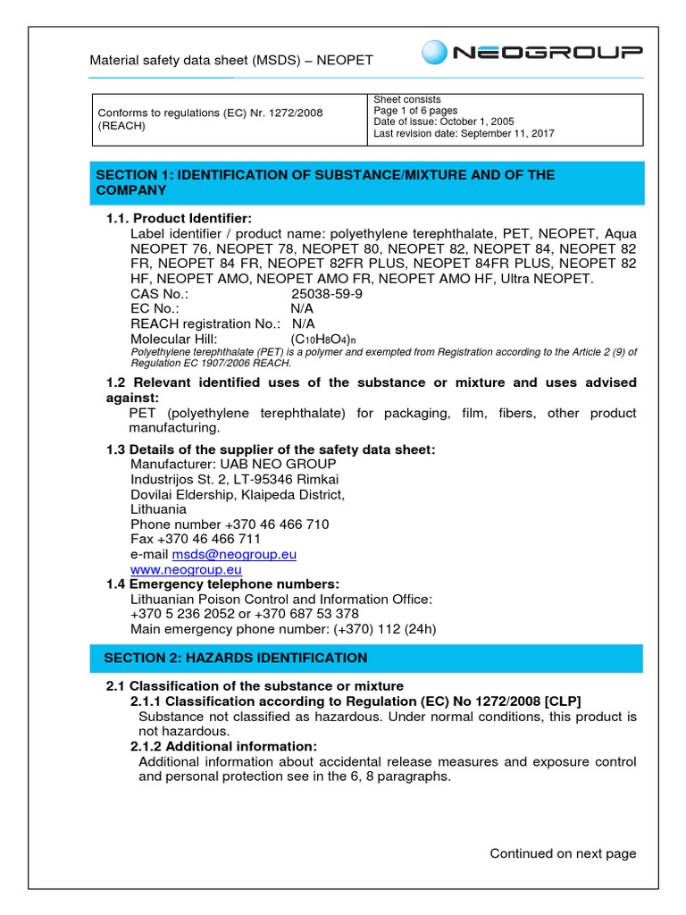 PET Safety Data Sheet CLP Rev 2017 09 11 EN | PDF | Toxicity | Water