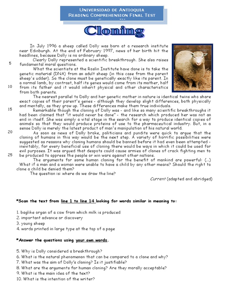 Analysis of a Passage Discussing Dolly the Sheep and the Ethical Issues ...
