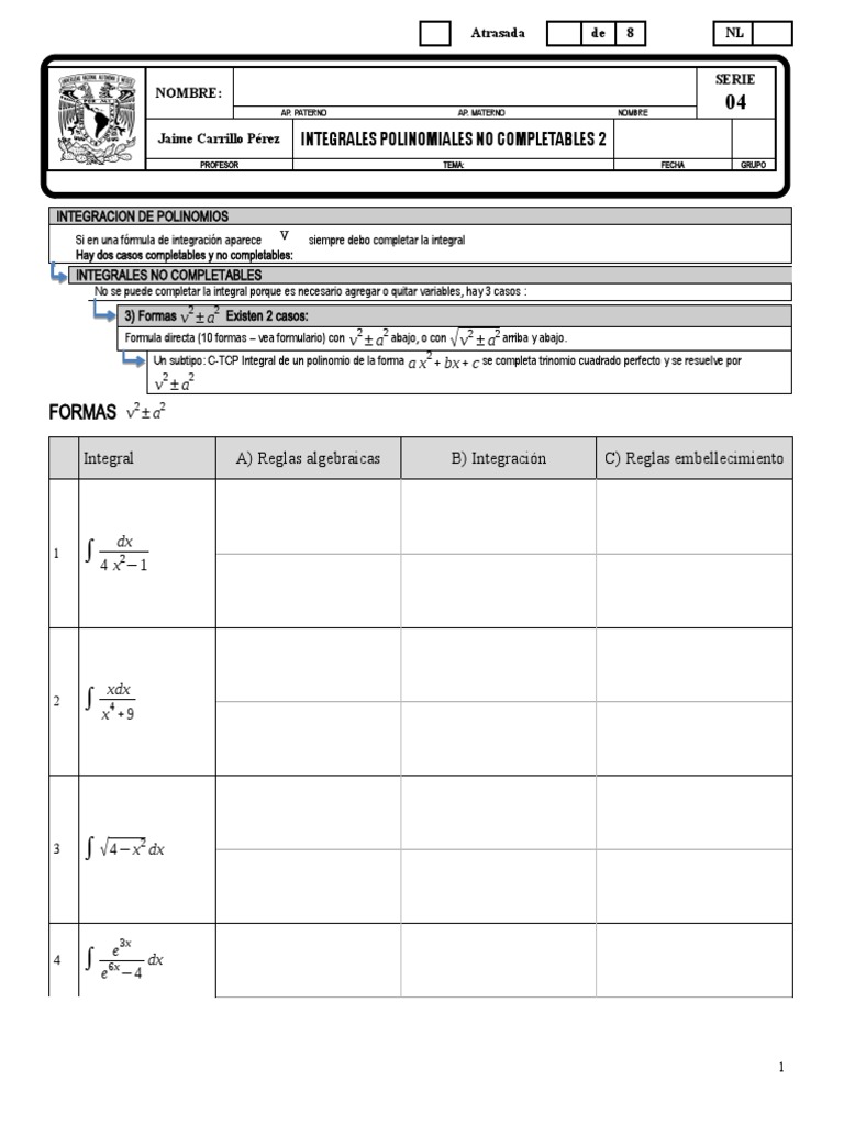 Serie 04 - Integral No Completables2 Formas v2 + A2 | PDF | Funciones y mapeos | Álgebra abstracta