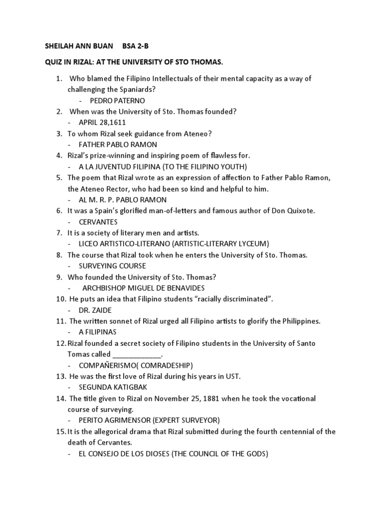 Sheilah Ann Buan Bsa 2-B Quiz in Rizal: at The University of Sto Thomas ...