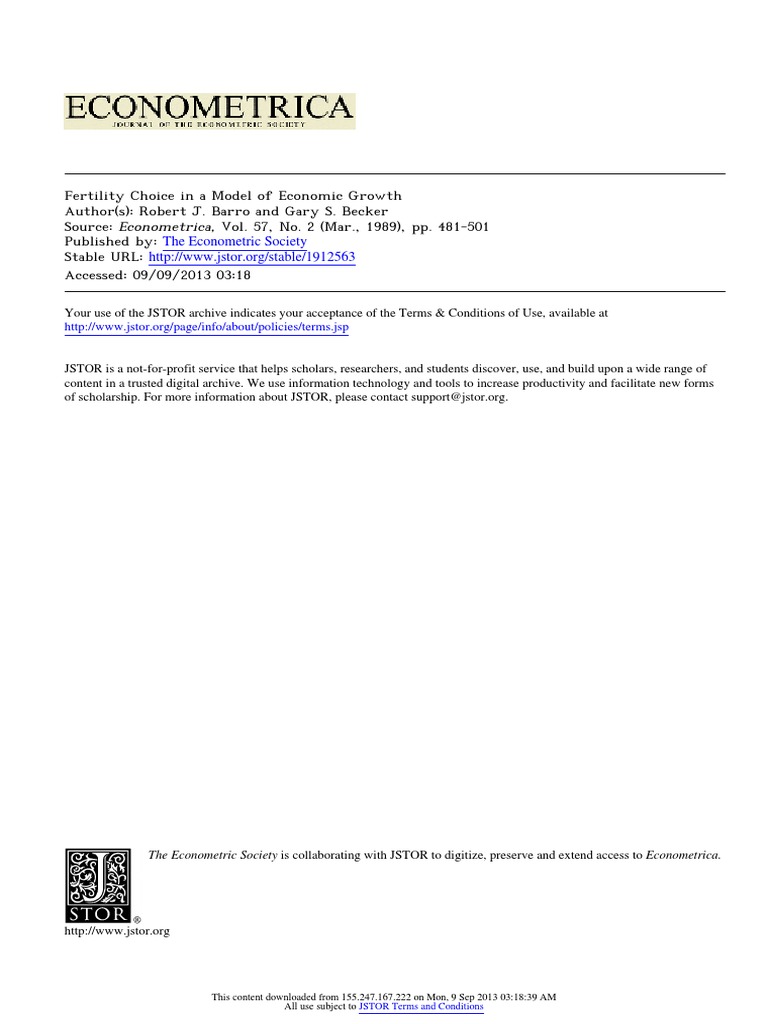 Fertility Choice in A Model of Economic Growth-Barro & G. Becker | PDF ...