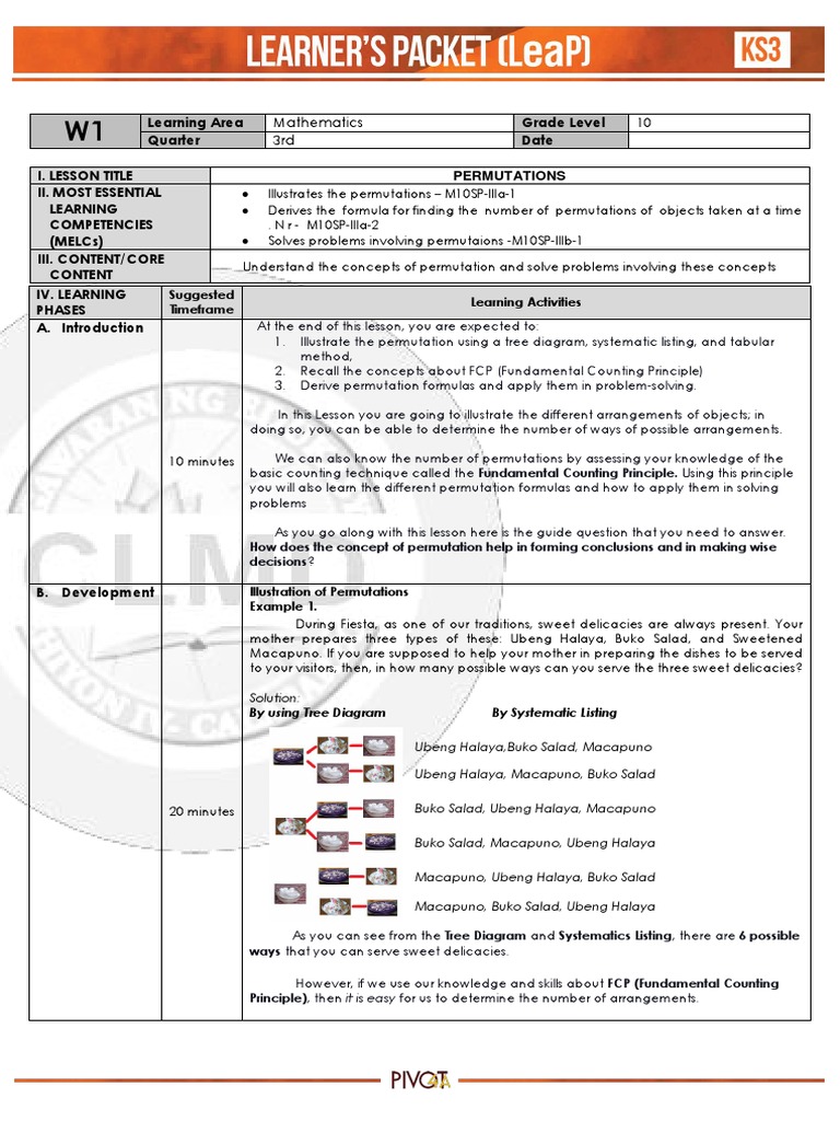 LeaP Math G10 Week 1 Q3 | PDF | Permutation | Numbers
