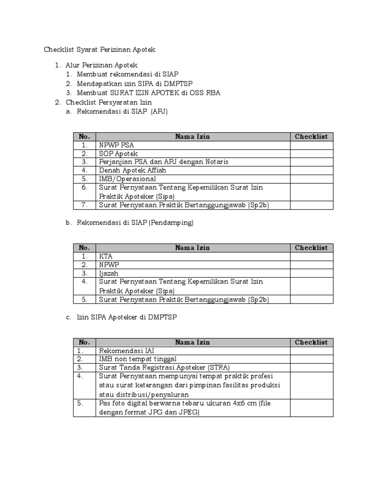 Checklist Syarat Perizinan Apotek | PDF