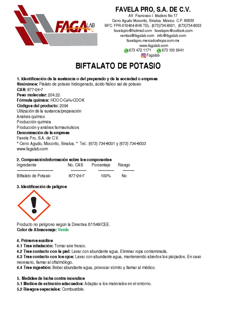 Ficha Técnica: Biftalato de Potasio | PDF | Agua | Ciencias fisicas