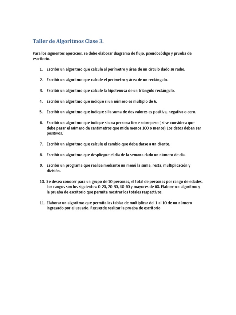 Taller de Algoritmos Clase 3 | PDF | Métodos y materiales de enseñanza ...