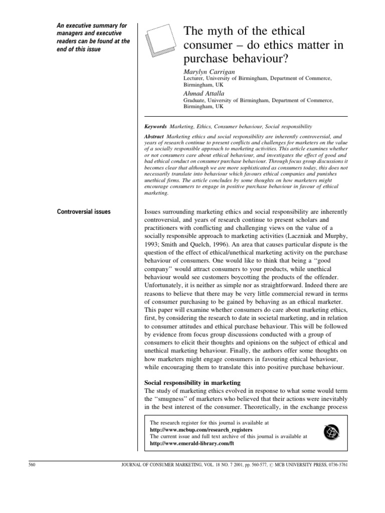 The Myth of The Ethical Consumer Do Ethics Matter in Purchase Behaviour ...