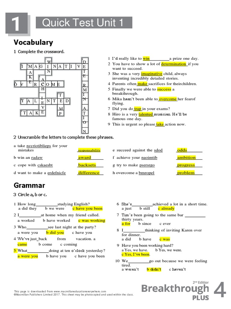 Quick Test Unit 1: Vocabulary | PDF