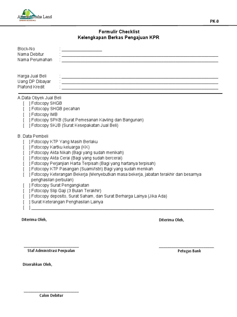 Formulir Checklist Kelengkapan Berkas Pengajuan KPR | PDF
