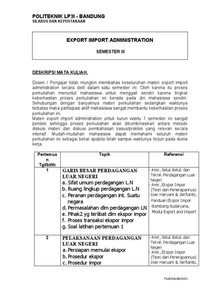 Silabus Export Import Adm 2 SKS REG - REVISI | PDF | Bisnis