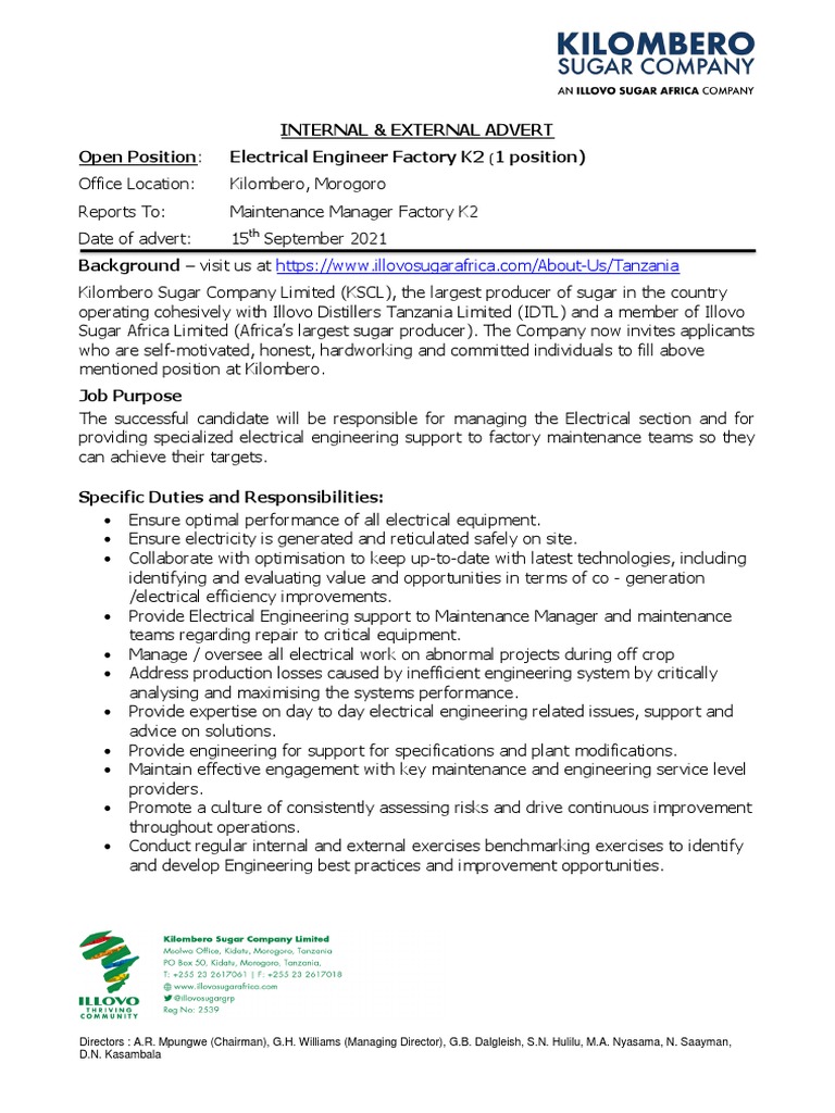 Advert - Electrical Engineer - 2021 | PDF | Engineering