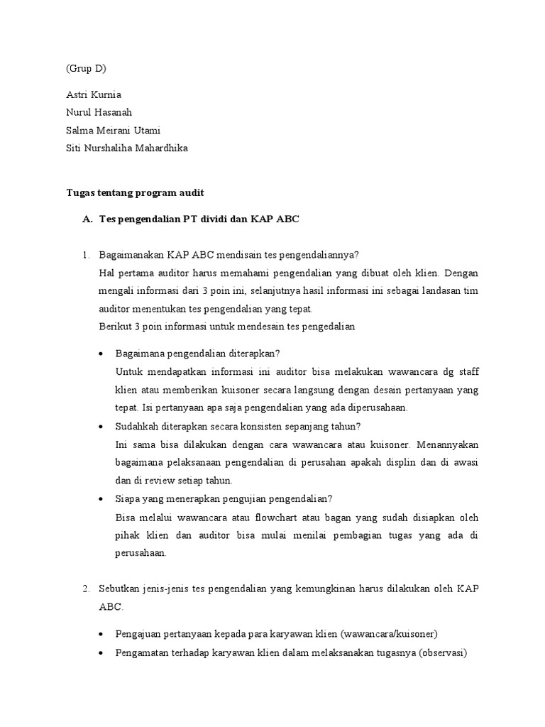 Tugas Kasus Program Audit - Kelompok D Siklus Investasi Aktivas | PDF