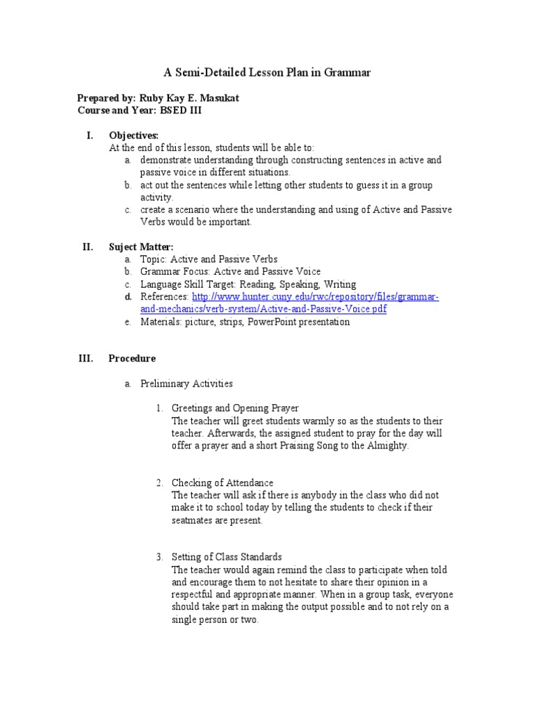 Semi Detailed Lesson Plan in Active and Passive Voice of A Verb | PDF ...