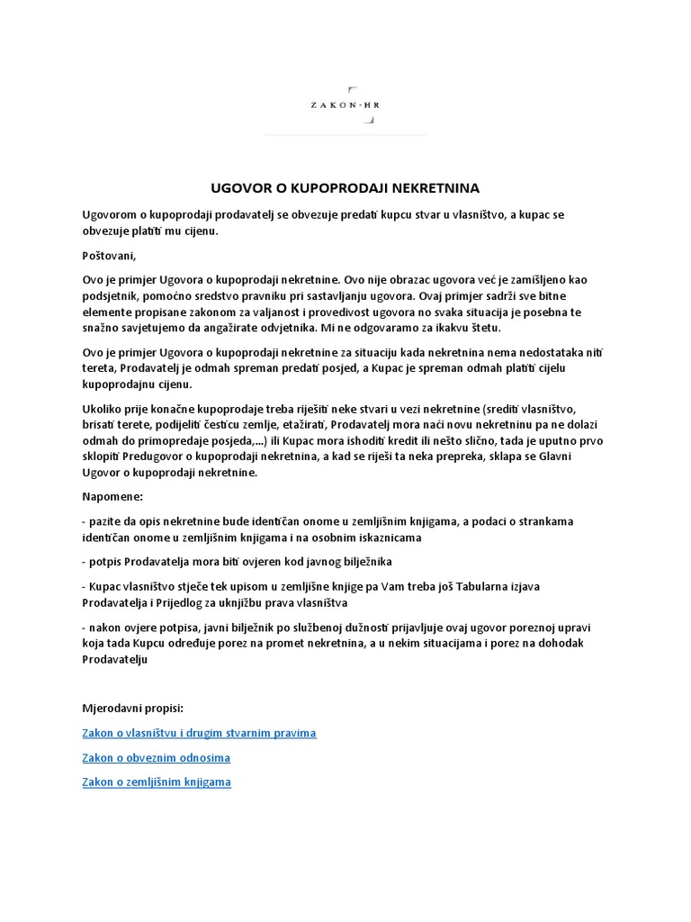 Primjer Ugovora o Kupoprodaji Nekretnina | PDF
